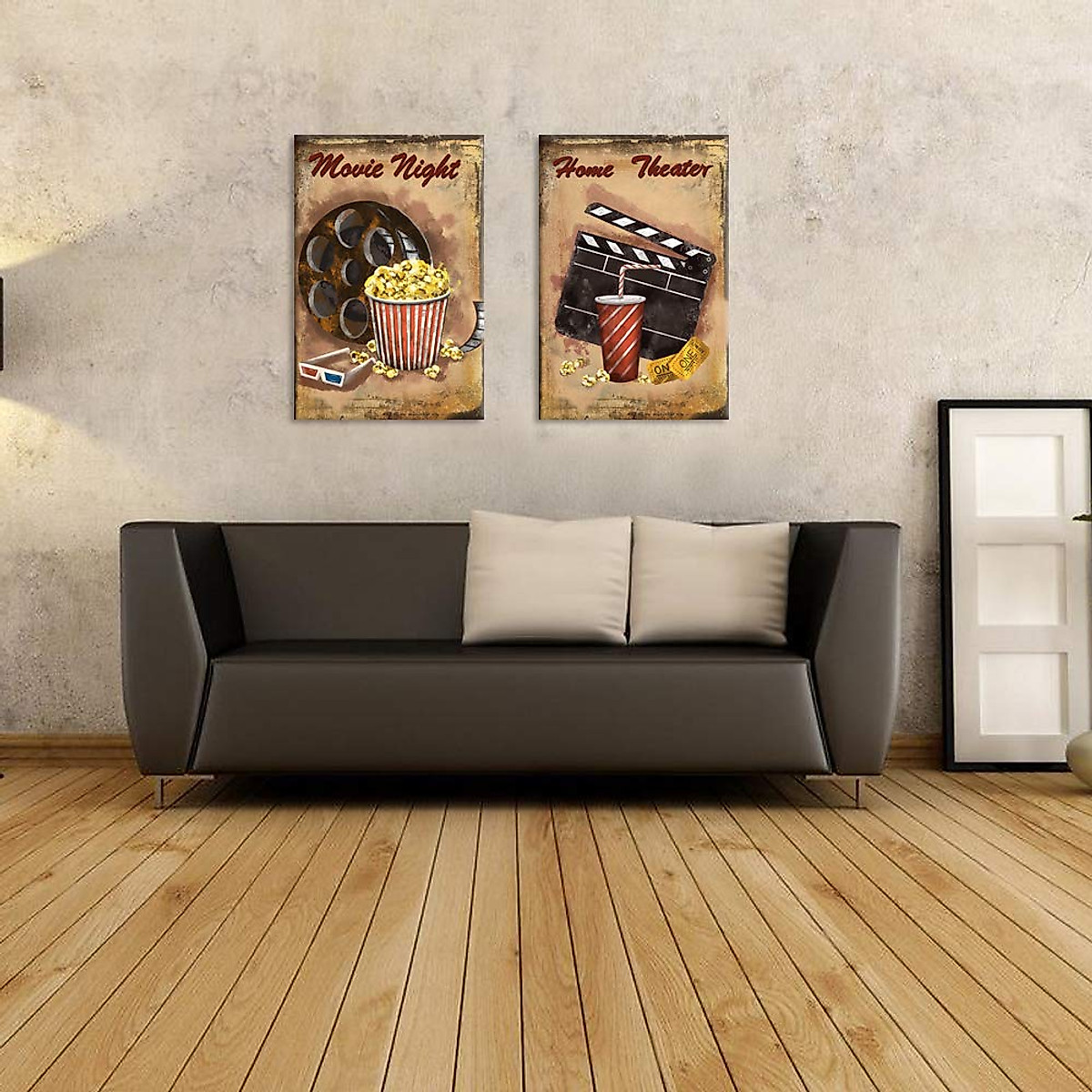 iHAPPYWALL 2 Pieces Old Fashioned Cinema Wall Art Movie Night Film Clapper Popcorn Movie Reel Picture Print on Canvas for Home Theater Room Decor Ready to Hang 16x24inch2pcs