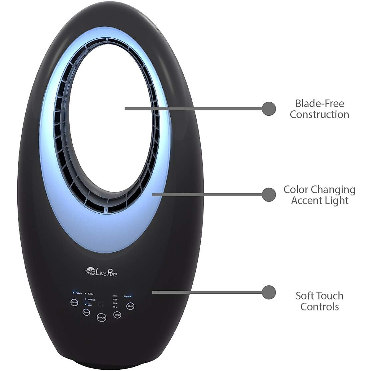 LivePure Bladeless Oscillating Fan. 3-Speed Adjustment, Touch Control, Quiet Cooling Fan. Stand Up Fan for Bedroom, Office, Kitchen. Black