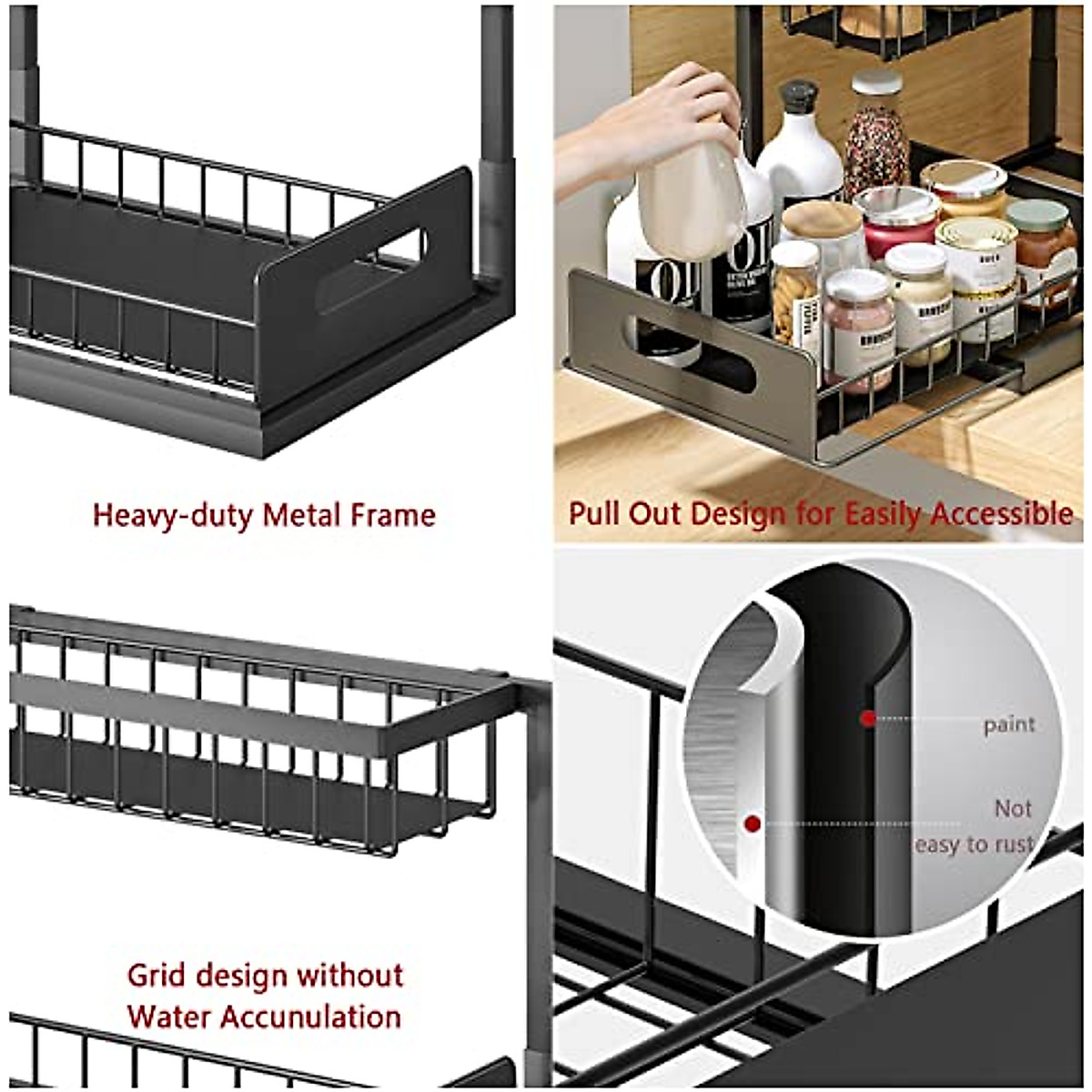 Under sink organizer, Furihshe kitchen storage pull out double shelf drawer 2-Tier Slide Out Sliding Shelf Under Cabinet Storage Multi-Use for Under kitchen sink organizers and storage, Black