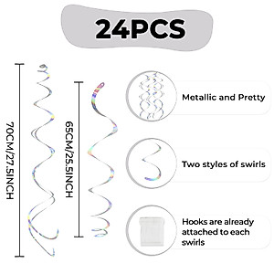 24 PCS Iridescent Hanging Swirl, Shinny Holographic Ceiling Decorations, Plastic Streamer Party Decorations with Double-Swirls and Single-Swirls for Birthday Decorations, Wedding, Baby Shower