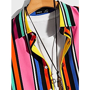 OYOANGLE Men's Striped Short Sleeve Button Down Shirts Collar Hawaiian Shirt Top Without Tee Colorblock Striped XXL