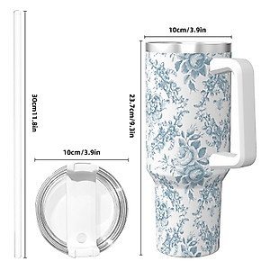Elegant Engraved Blue And White Floral Toile 40 Oz Tumbler With Handle & Leak-Proof Lid – Car Cup Holder Friendly Hot/Cold Vacuum Insulated Stainless Steel Travel Mug Large Coffee Water Bottle For Car