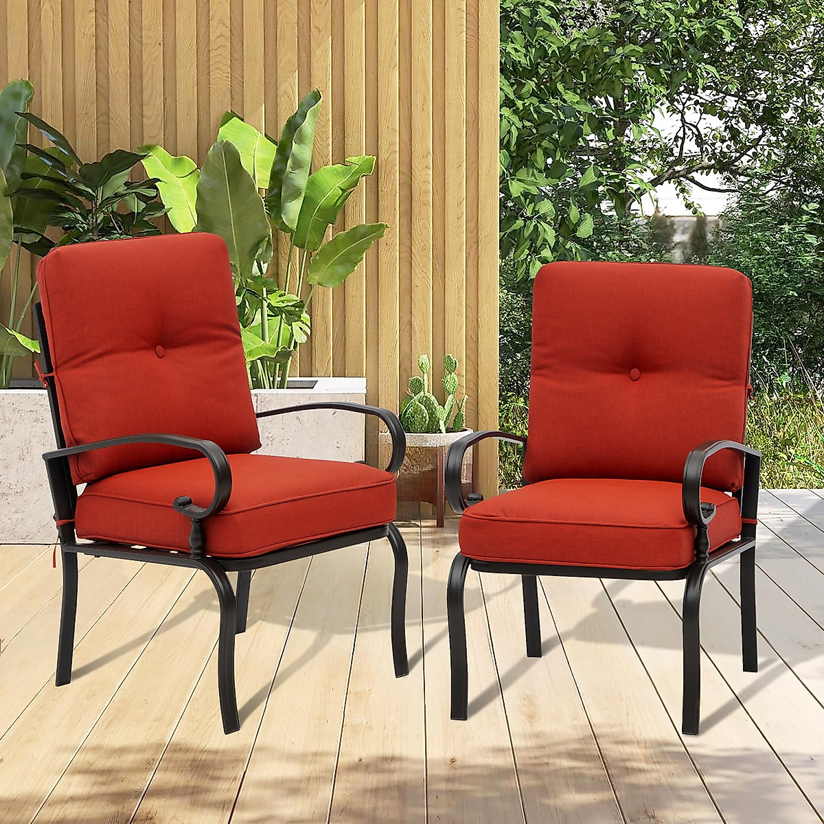Patiomore 2 Pcs Outdoor Patio Dining Chairs Bistro Set Wrought Iron Furniture Set, All-Weather Garden Seating Chair with Red Cushions