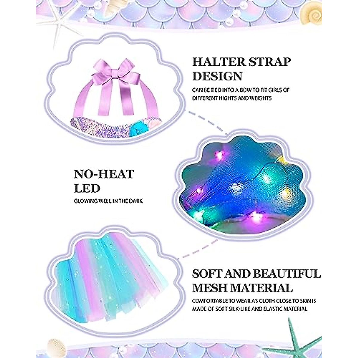 STOPKLAS Girls Dress Up Costume Mermaid Tutu Dress, Colored Led Light Up Mermaid Princess Dress for Halloween Birthday Party