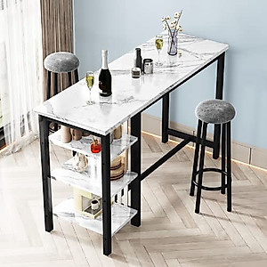 AWQM Bar Table Set with Storage Shelves, 47" Modern White Faux Marble Breakfast Table with 2 Velvet Stools, 3-Piece Dining Set for 2, Space Saving Table for Kitchen/Dinning Room/Living Room/Studio