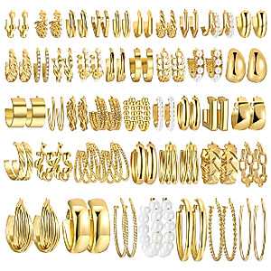 42 Pairs Gold Hoop Earrings Set for Women, Fashion Chunky Pearl Earrings Multipack Twisted Statement Earring Pack, Hypoallergenic Small Big Hoops Earrings for Birthday Party (Gold-42 pairs)