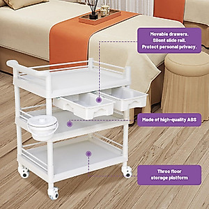 biosp Medical Trolley 3 Tier 500 Lbs Heavy Duty Professional Utility Cart Spacious Beauty Salon Rolling Trolley with 360°Rotate Wheels, Dirt Bucket & Drawer for Hospital Dental Clinic, White