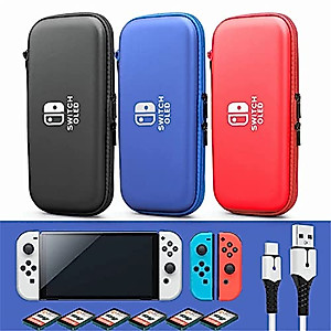 ELIATER Carrying Case Compatible with Switch OLED Model 2021, Accessories Bundle with Screen Protector, Clear Cover for Switch-Pro Controller, Silicone Skin for Joy-Con and 4 Thumb Grip Caps(Blue)
