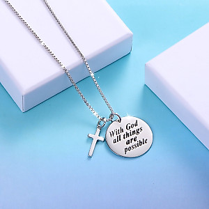 JZMSJF S925 Sterling Silver Faith Cross Necklace With God All Things Are Possible Inspirational Jewelry for Women Adults