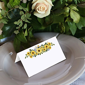 321Done Sunflower Place Cards, Made in USA - Blank Small 3.5x2 for Name Food Table Setting Dinner Party Seating Wedding Reception Buffet Tent Style Rustic Floral on White - Set of 24