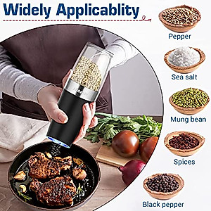 Gravity Electric Salt and Pepper Grinder Set, Joyfort Automatic Pepper Mill Grinder Battery Powered with Adjustable Coarseness, Stainless Steel,Blue LED Light, Support One Hand Use, Black-2 Pack