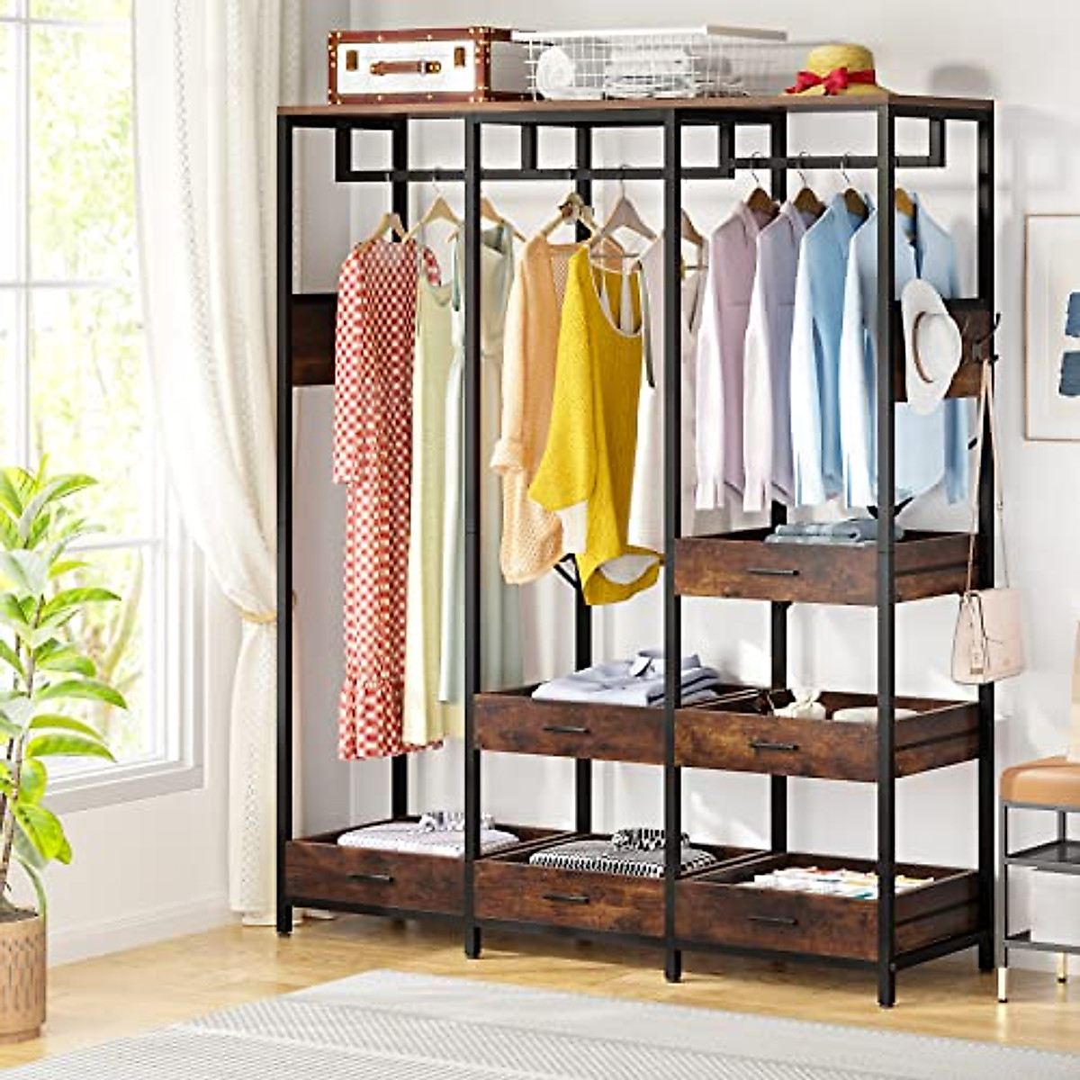 Tribesigns Closet Organizer with 6 Open Drawers, Heavy Duty Freestanding Clothes Garment Rack with 2 Hanging Rods, Shelf and Hooks, Large Metal Clothing Rack Open Wardrobe for Bedroom, Rustic Brown