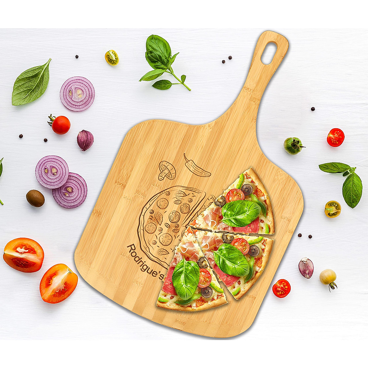Personalized Bamboo Pizza Board with Handle Customized Wood Serving Cutting Pizza Board with Engraved Custom Name Monogram – Wedding, Anniversary, Housewarming, Birthday, Mom, Dad Gift