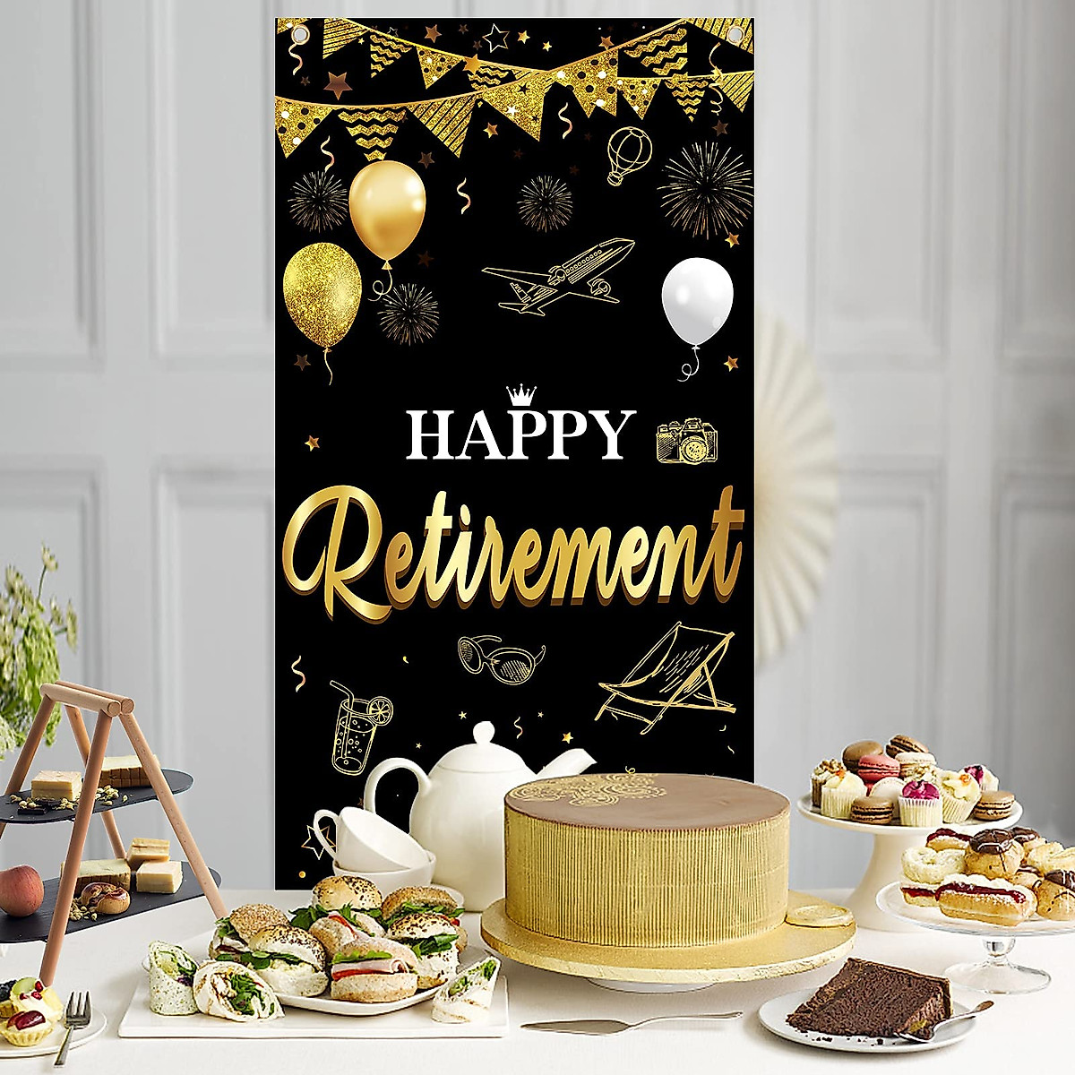 Happy Retirement Party Door Banner Decorations, Gold Black Retired Door Cover Party Supplies for Women Men, Retirement Photos Booth Backdrops Party Door Decor Sign