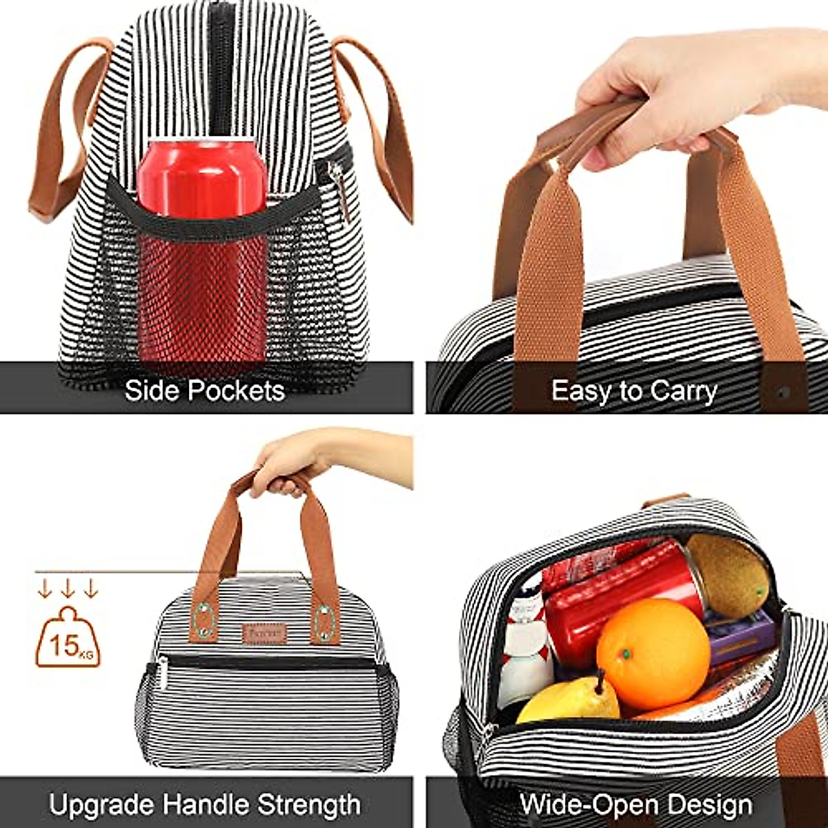 Lunch Bag for Women Insulated Lunch Box with Pockets Durable and Small Lunch Tote Bag for Work, School and Picnic (White Stripe)