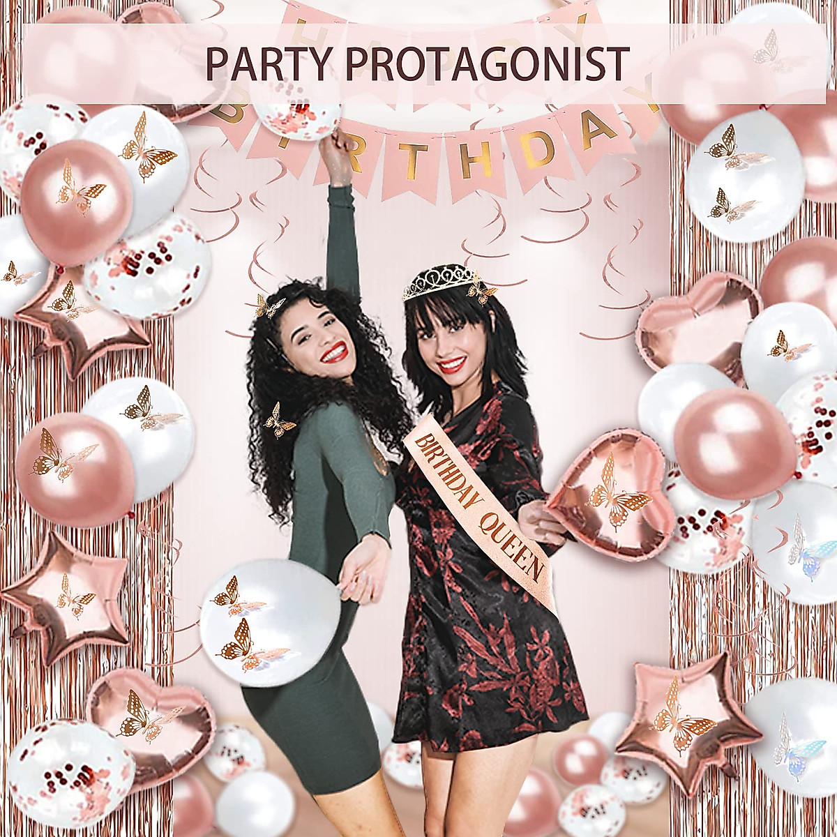 UJoyant 236 Pcs Birthday Decorations For Women, Rose Gold Party Decorations Kit For Girls Or Women - Butterfly Decors, Hanging Swirl, Balloon Stand Kit, Sash, Tiara, Banner, Tassel Curtain, Balloon, Tableware Kit For 25 Guests
