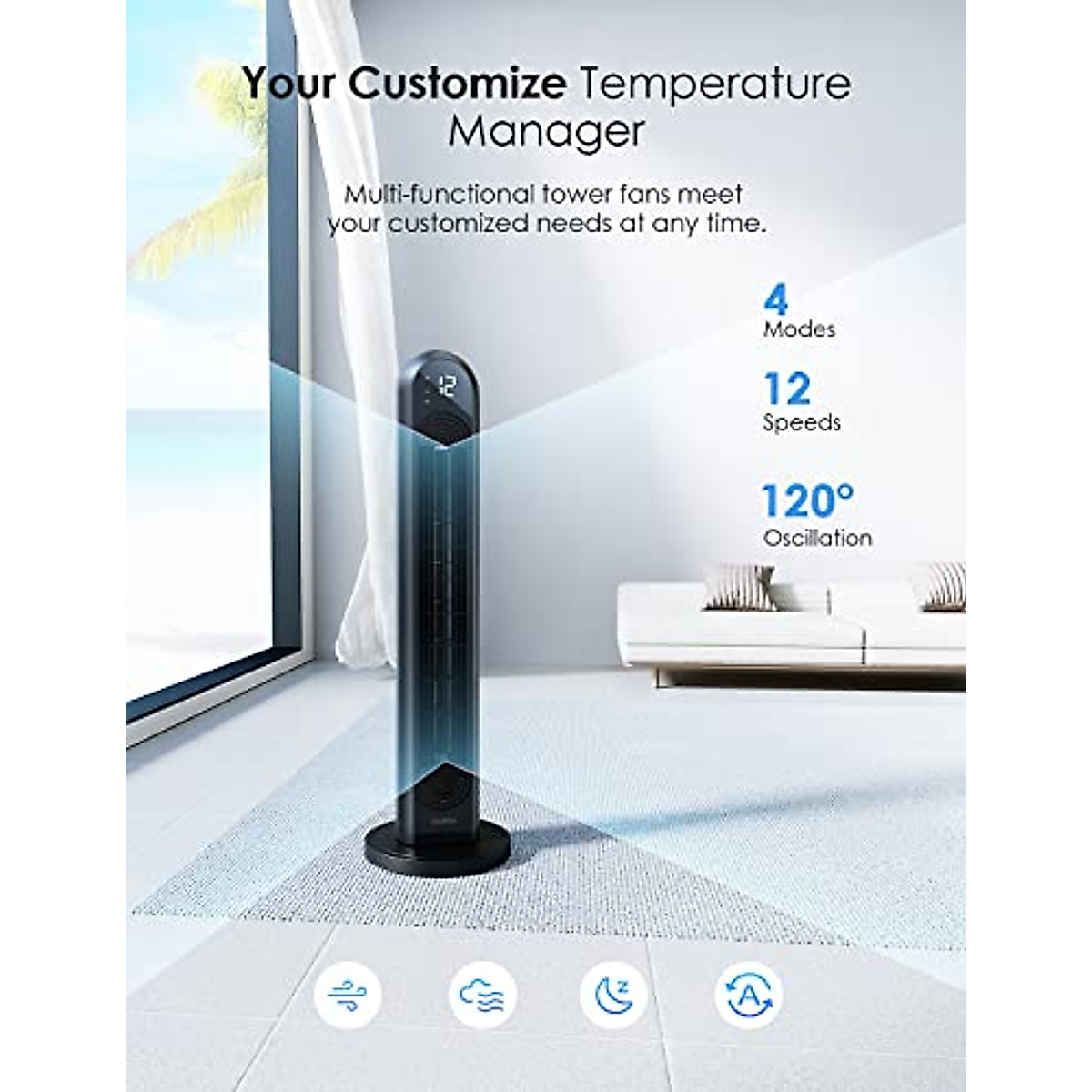Oraimo Tower Fan 42 inch, 29ft Air Supply Distance, Quiet 120° Oscillating Fan with 12 Speeds, 4 Modes, 12H Timer, Standing Bladeless Tower Fan with Remote & Full LED Display, OHF-811A Wide-Wind Fan