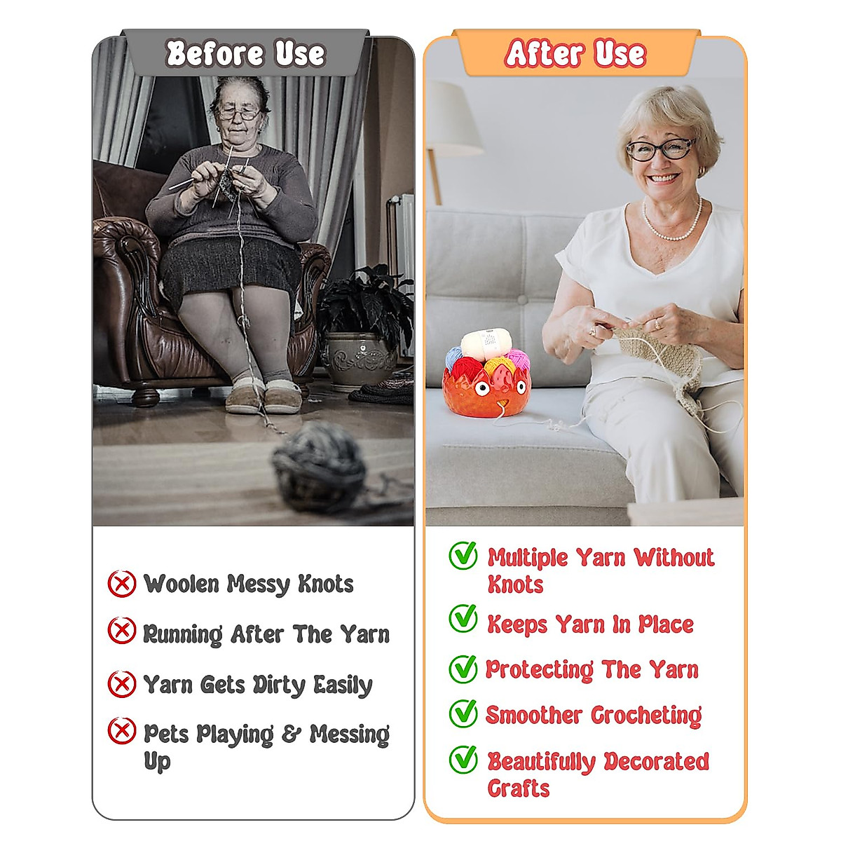 Coopay Flame Yarn Bowl for Crocheting/Knitting, Cute Yarn Storage Bowl with 7PCS Yarn & Accessories, Large Size Ceramic Yarn Bowl 6in Crochet Knitting Bowl for Beginners, Great Knitting Crochet Gift