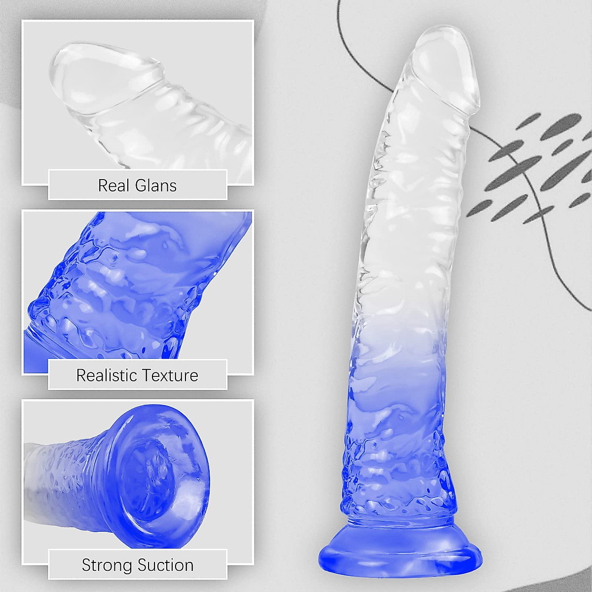 7.7 Inch Realistic Dildo, Clear Silicone Blue G-Spot Stimulation Adult Toy, Soft Jelly with Strong Suction Cup, Giant Anal Toy, Suitable for Women/Men/Gay