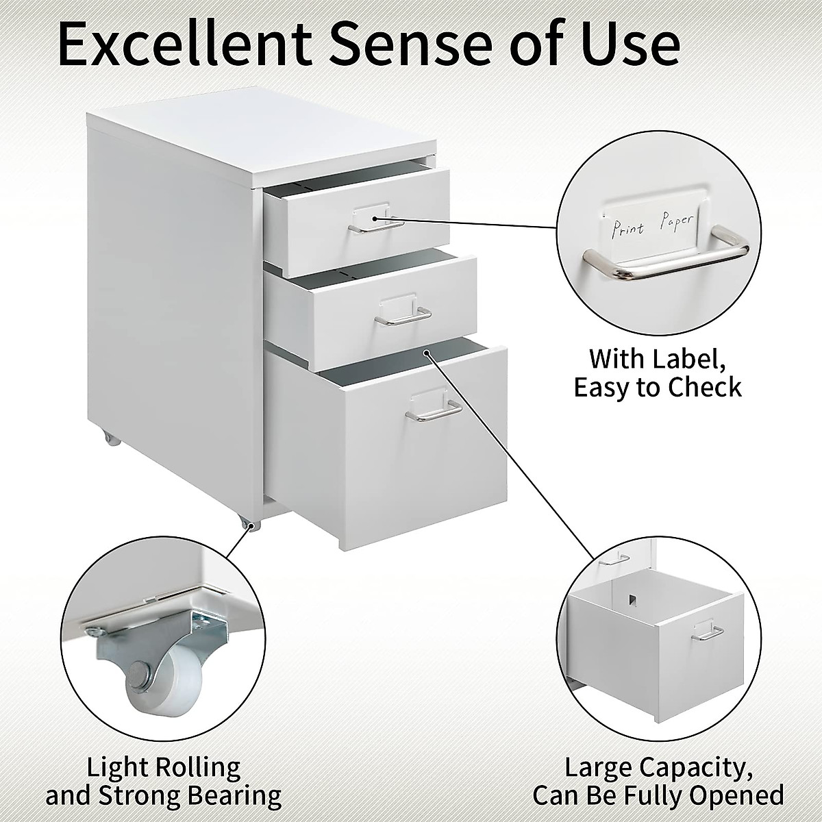 HollyHOME 3-Drawer Mobile Classification Storage Cabinet, Under Desk for A4 Mini File Cabinet, Mobile file Cabinet with Wheels for Home and Office, White
