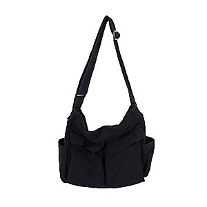 GAXOS Aesthetic Cute Messenger Bag for School Vintage Black Canvas Crossbody for Women Shoulder Laptop Bag