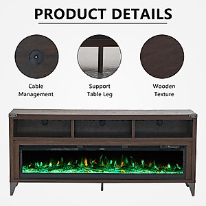 LUXOAK 65“ Fireplace TV Stand, Farmhouse Entertainment Center with 60" Tempered Glass Electric Fireplace, Industrial Media Console with Open Storage Space for TVs up to 75", Espresso