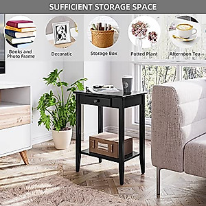IDEALHOUSE Black End Table with Drawer, Side Table for Living Room Bedroom, Wood Nightstand with Shelf, 2-Tier Storage Bedside Table Accent Table Small Table for Small Places