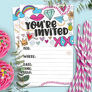 Fun Girl Doodles Invitations (20 Count) With Envelopes - Pre Teen - Tween Birthday Invitations