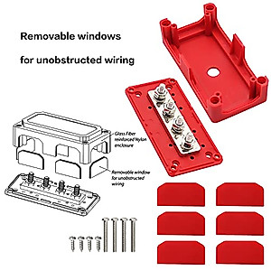 AMOMD 2PCS 300A Bus Bar Box Heavy Duty Module Design Nickel Plated Brass Buss Battery Power Distribution Block with 4xM8(5/16") Stainless Steel Terminal Studs Marine Ground DC12 24 48V（Red & Black）