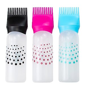 Framendino, 3 Pack Root Comb Applicator Bottle with Graduated Scale Colorful Plastic Squeeze Brush for Hair Dye Home Salon 6 oz