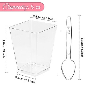 50 Pack 5 oz Square Dessert Cups with Spoons - Mini Parfait Cups, Appetizer Cups, Clear Plastic Party Dessert Cups for Serving Fruit Trifle Mousse and Pudding