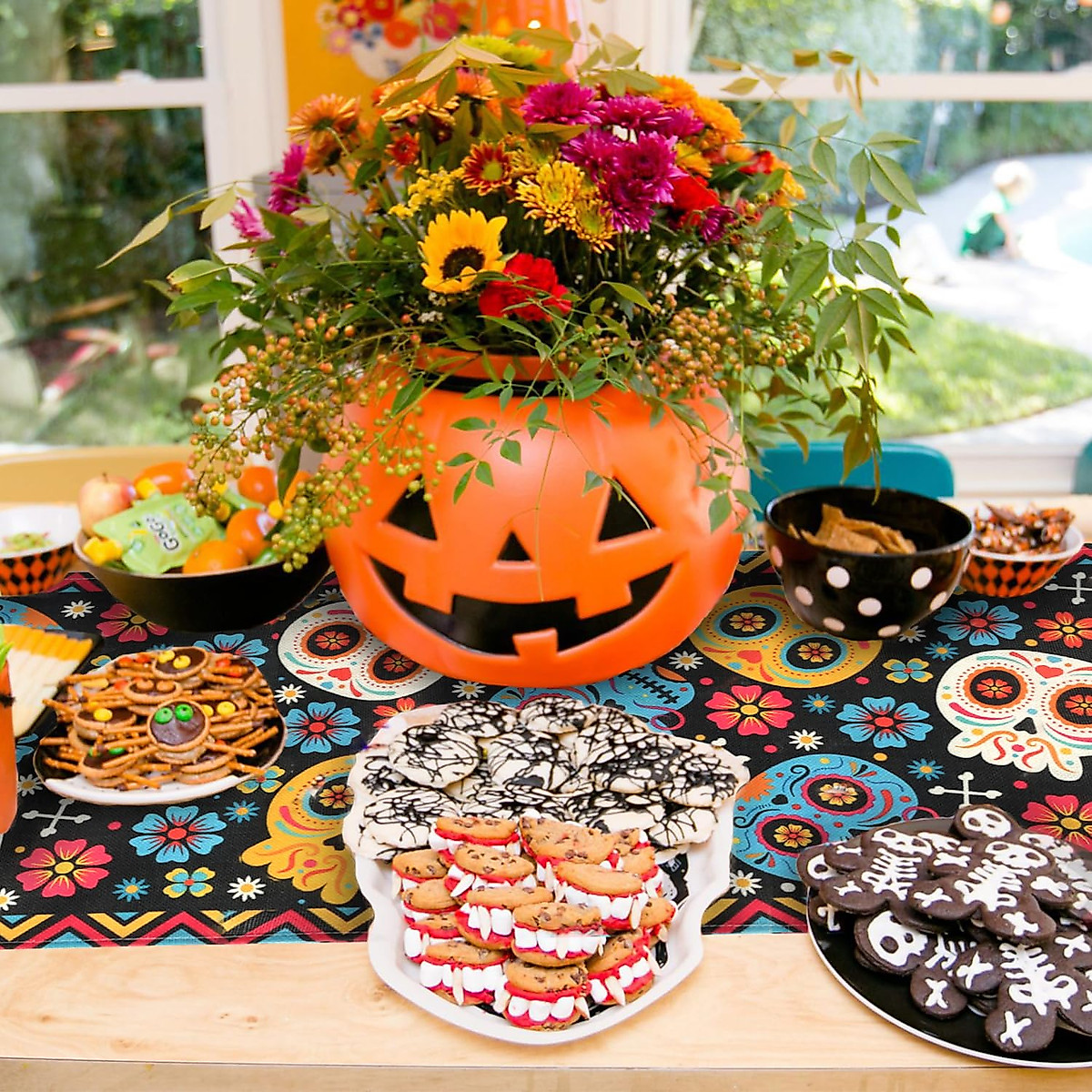 Day of The Dead Table Runner Mexican Skull Table Runner 72 x 13 Inch Halloween Floral Table Runner Dia De Los Muertos Table Runner Fiesta Table Decor for Halloween Decoration Home Kitchen Indoor party