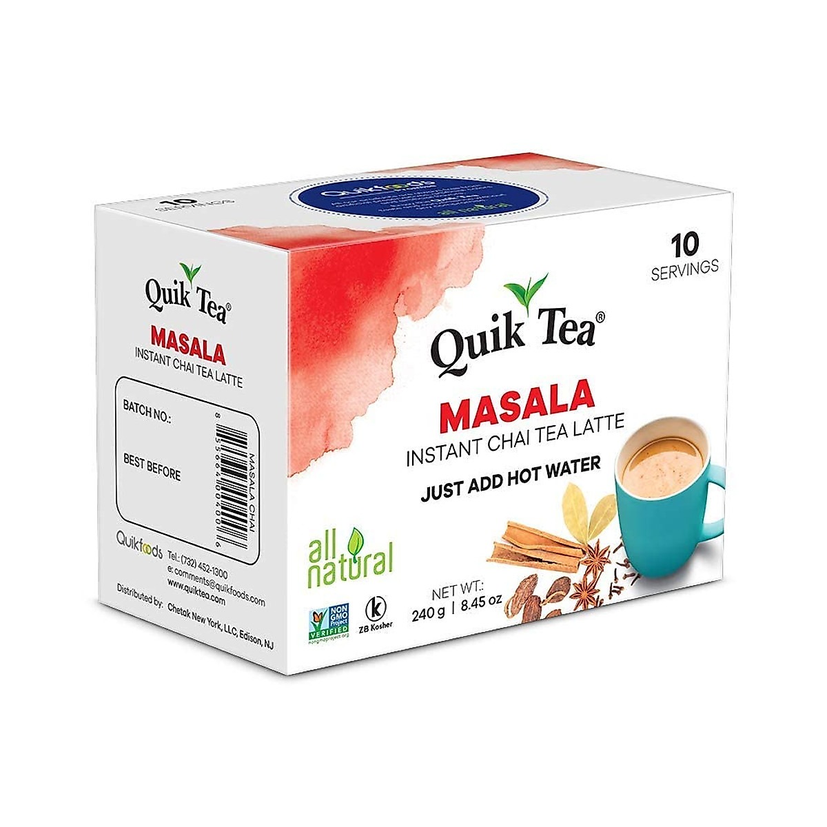 QuikTea Masala Chai Tea Latte - 10 Count Single Box - All Natural Preservative Free Authentic Chai