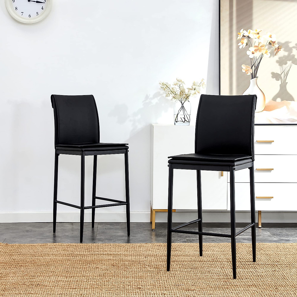 Dining Chairs Set of 2 Leather Upholstered Side Chairs Modern Barstool Dining Counter Height Chair for Living Room Dining Room Kitchen, Bedroom, Black
