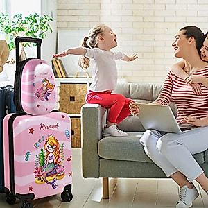 Kids Luggage and Backpack 18" Suitcase with Spinner Wheel Hard Case Travel Suitcase 13" Backpack Girl Suitcase Set for Kid Travel Suitcase Supplies (Pink, Mermaid Style)