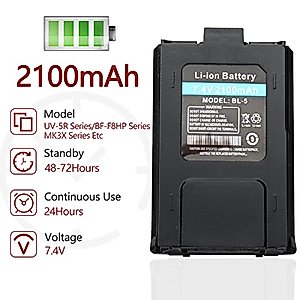 BAOFENG Orignal Extended Battery BL-5 2100mAh High Power Battery Replacement Battery for Two-Way Radio UV-5R BF-F8HP BF-F8RT BF-F8 BF-F8+ UV-5RX3 UV-5RE UV-5RTP R3 MK2 MK3X MK5 Plus Etc