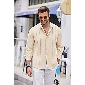 COOFANDY Men's Linen Shirts Casual Cuban Guayabera Shirt Long Sleeve Beach Shirts Beige