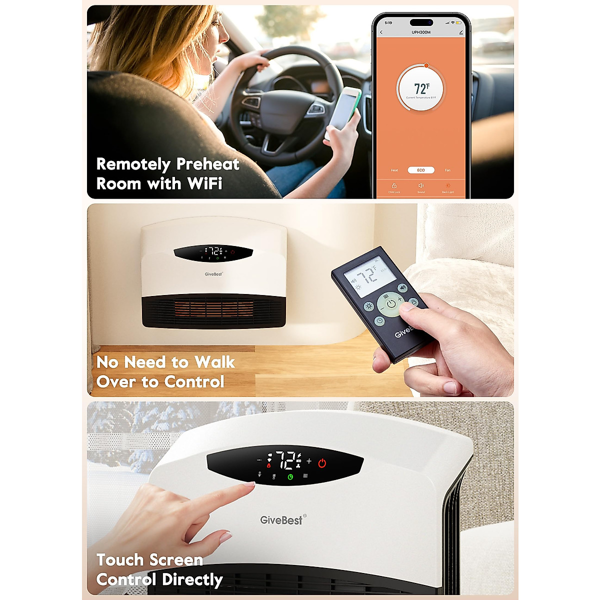 GiveBest Electric Wall Heater with WiFi and Remote Control, Floor or Wall Mounted Heater, Large Room Coverage, 3 Heating Modes, 1500W Fast Heating Space with Thermostat for Indoor Room Use