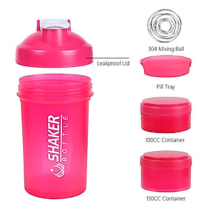 VECH Protein Shaker Bottles 16 OZ Sports Shaker Bottle with 2 Layer Separate Storange and Pill Tray Leakproof Portable Water Bottle Portable Pre Workout Bottle with Stainless Steel Mixing Ball (Pink)