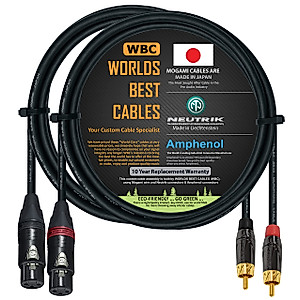 WORLDS BEST CABLES 3 Foot - RCA to XLR (Female) Cable Pair – Mogami 2549 Audio Interconnect Cable & Amphenol ACPL RCA & Neutrik Female XLR Gold Plugs - Custom Made