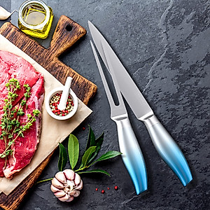 BECOKAY Carving Knife and Fork Set, High Carbon German Steel, 12" Meat Carving Knife and 11" Fork for Outdoor Camping Family Barbecue BBQ Turkey Gift, with Elegant Full Tang Handle (Blue)