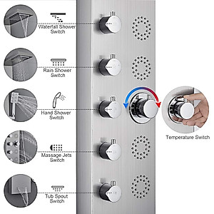 MENATT Shower Panel Tower System, SUS304 Stainless Steel 5-IN-1 Shower Column with 4 Body Massage Jets, Rainfall & Waterfall Shower, Handheld Shower, Bathtub Spout