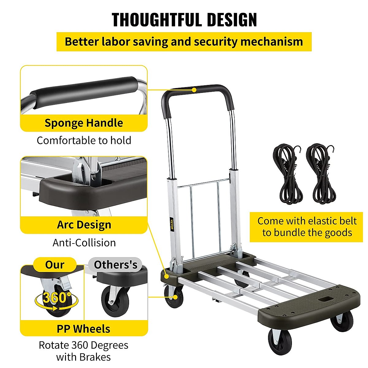 VEVOR Platform Truck Foldable,Compact Push Cart Adjustable Length, Aluminum Folding Cart Telescoping Handle with 4 Wheels ,330 LBS Capacity