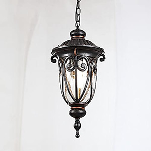 European Outdoor Ceiling Light Hanging Bronze Lantern Brown 16.1" Champagne Hammered Glass Damp Rated Pendant Lights Aluminum Outside for Exterior House Porch Patio Deck Garage Front Door Garden Home