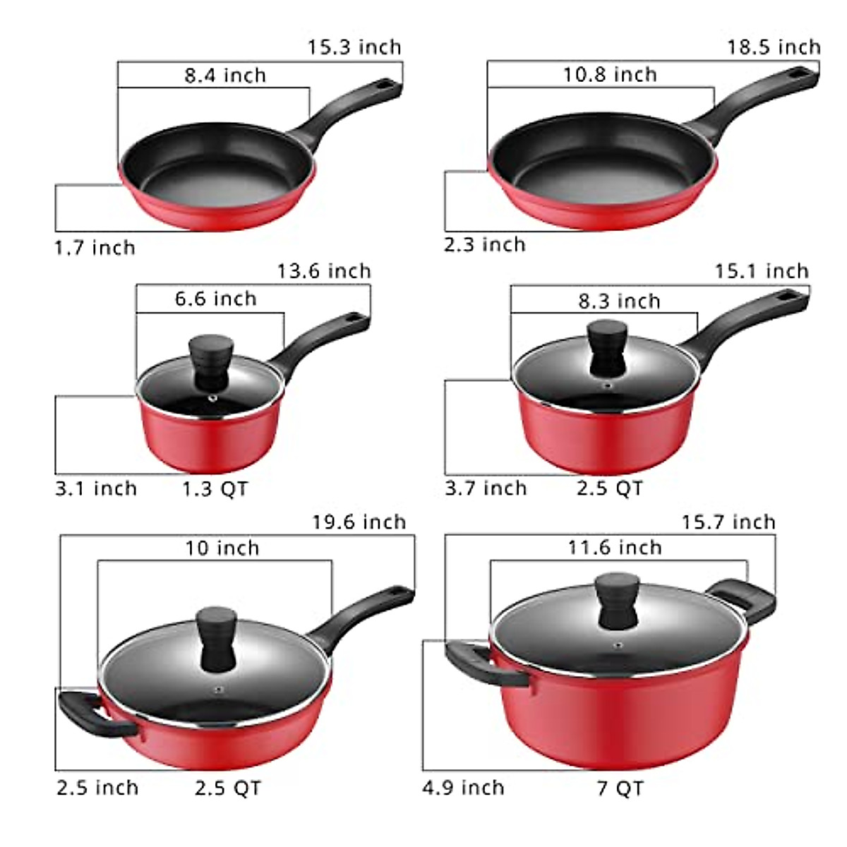 Bergner - Retro Cookware - Pots and Pans Set Nonstick - Induction Cookware - 10 Piece Pan Set - 8"/10" Fry Pans, 1.3qt Saucepan, 2.5qt Saucepan, 2.5qt Sautepan with Lids, 7qt Dutch Oven - Red