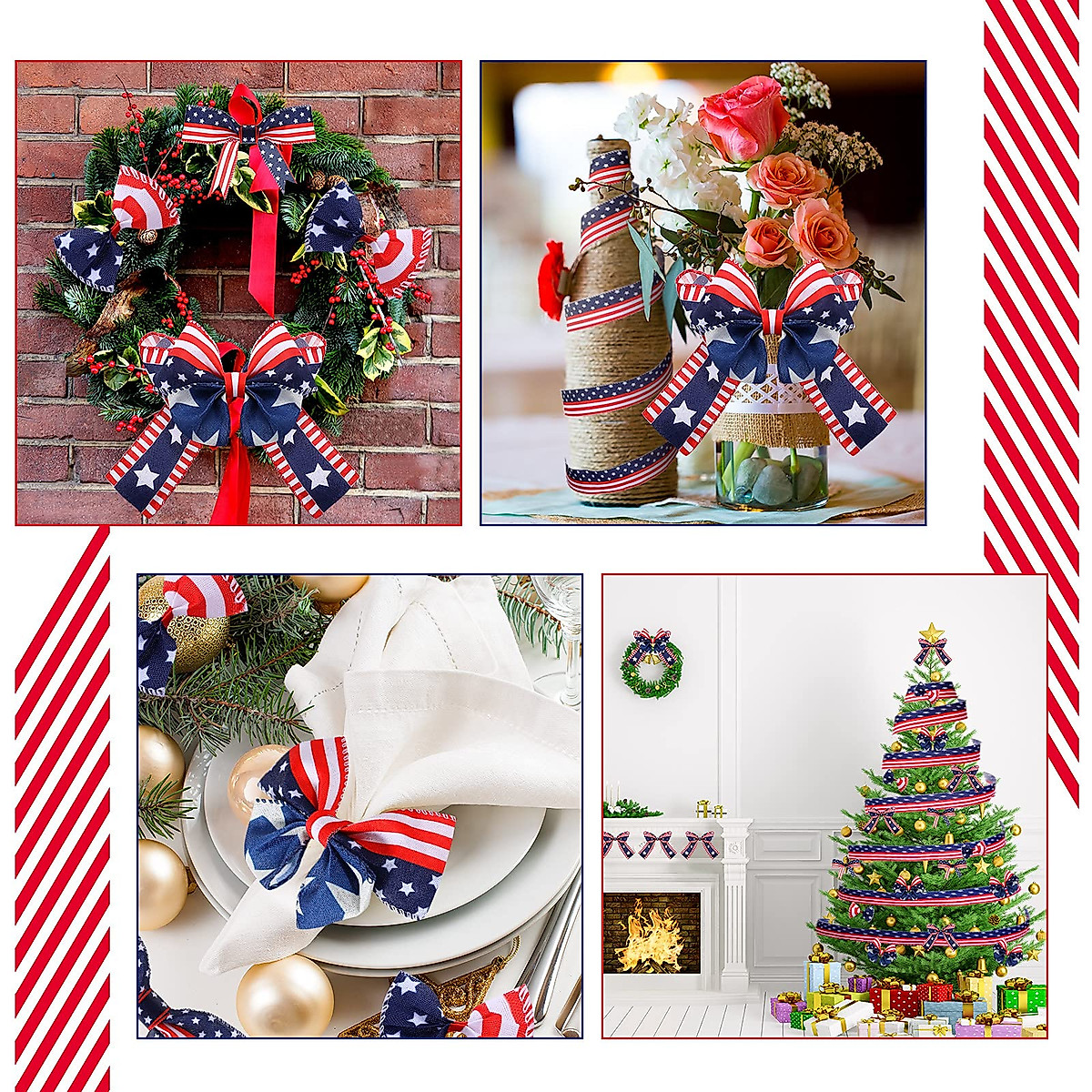 5 Rolls Star Wired Edge Ribbon 2.5 Inch Patriotic Ribbon Stars Stripes Satin Ribbon 4th of July Grosgrain Ribbon Halloween Thanksgiving Christmas Decoration for DIY Crafts Supplies Wreath Garland