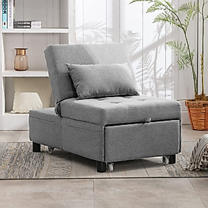 Mjkone 4-in-1 Sleeper Chair with Adjustable Backrest with Free Pillow, Pull Out Sofa Couch Bed with Memory Foam for Compact Living Room (No Assemble Need,Light Grey)