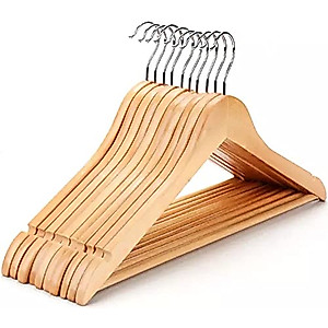 Wood Clothes Hanger Classic 10 Pack - Wooden Hangers 10 pcs - Slightly Curved Hanger Set - Solid Coat with Stylish Chrome Hooks - Heavy-Duty Clothes, Jacket, Shirt, Pants, Suit Hangers