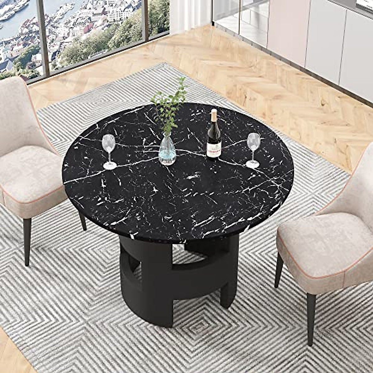 HomSof 42.12" Modern Round Dining Table with Printed Black Marble Table Top for Dining Room, Kitchen, Living Room
