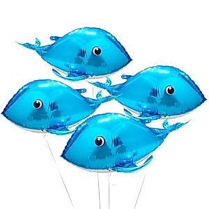 Cute 4D Whale Balloons Under The Sea Decorations Ocean Balloons, 4 Pack Gaint 37'' Whale Shape Mylar Foil Balloons Sea Animal Balloons Fish Balloons Beach Party Supplies, Blue